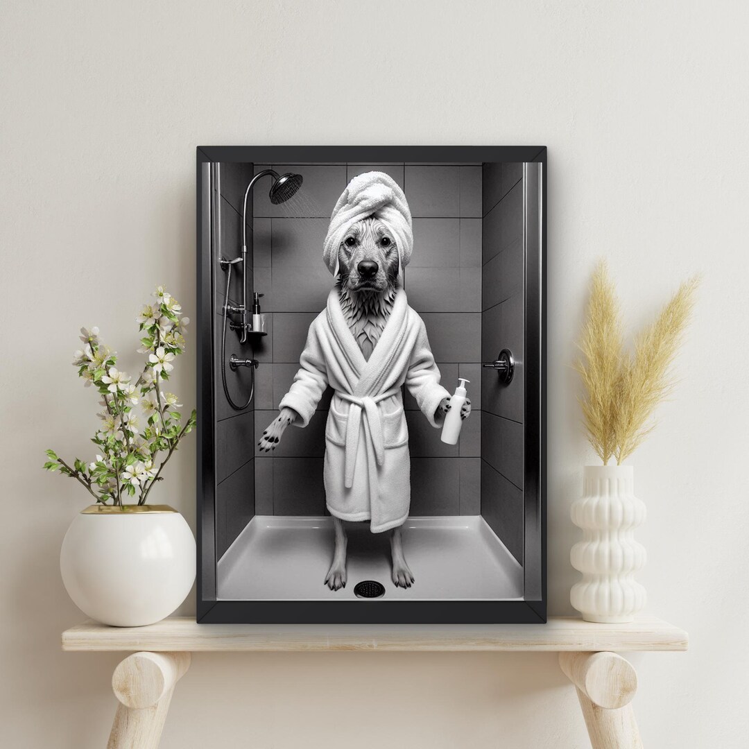 Labrador Retriever Dog Bathroom Wall Art, Lab in Bathrobe Taking Shower ...