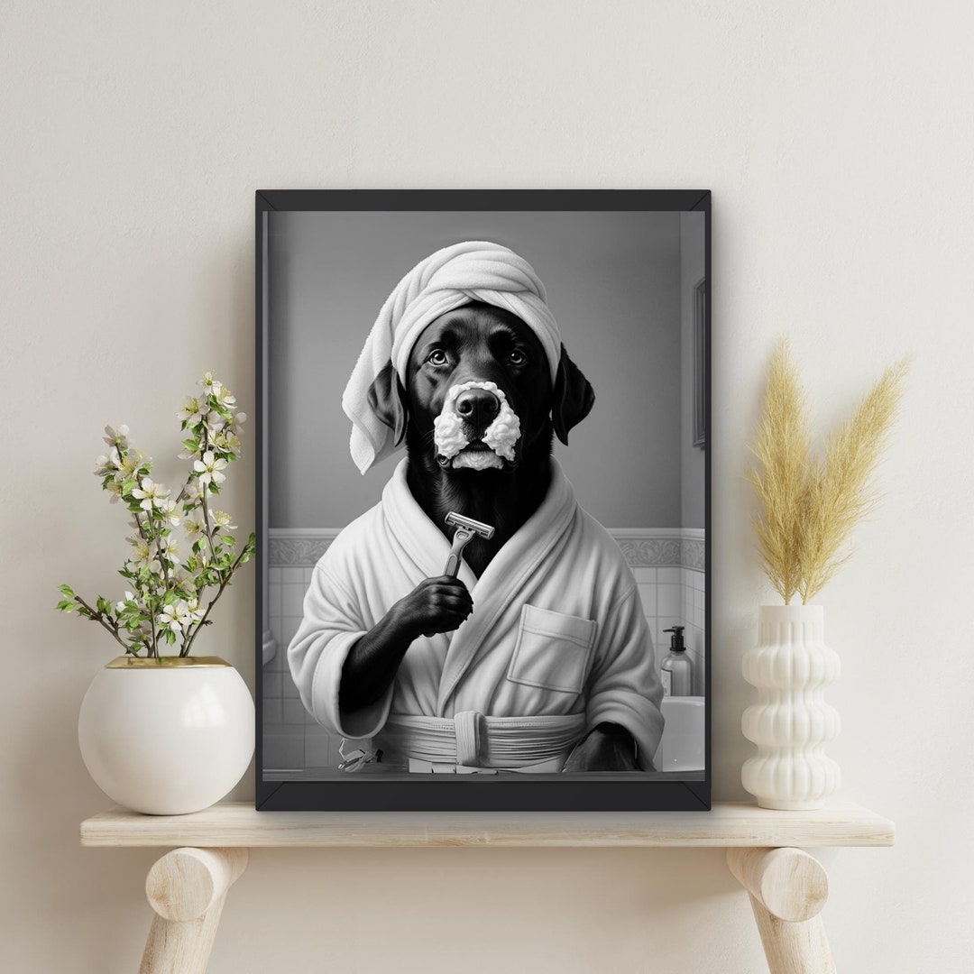 Black Lab Shaving Wall Art Print: Whimsical Bathroom Decor, Guest Bath ...