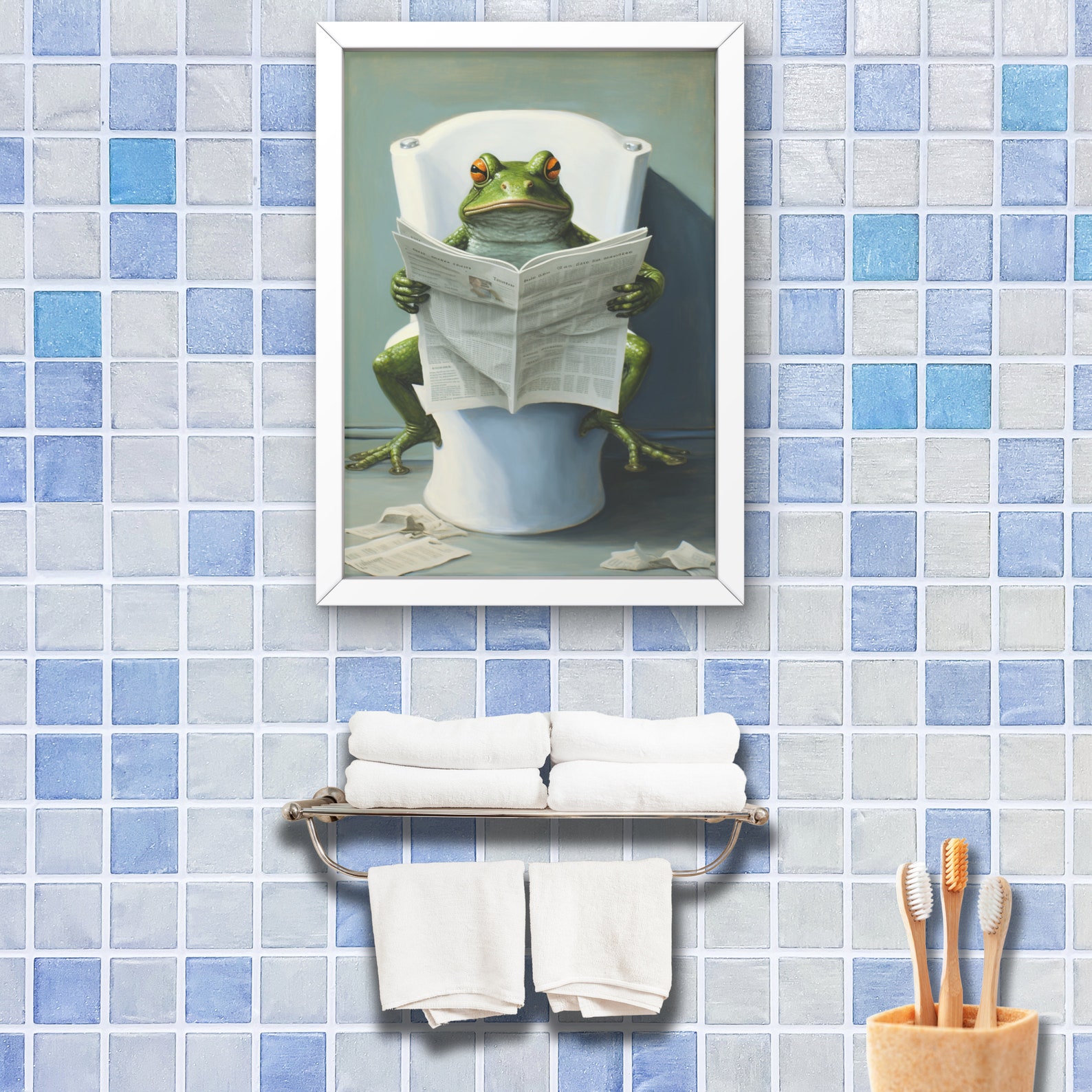 Frog on Toilet Printable Wall Art Frog Reading Paper Frog in Bathroom ...