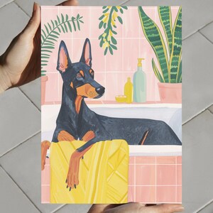 Doberman Pinscher Dog in Bathtub Printable Wall Art | Dobie Taking a ...
