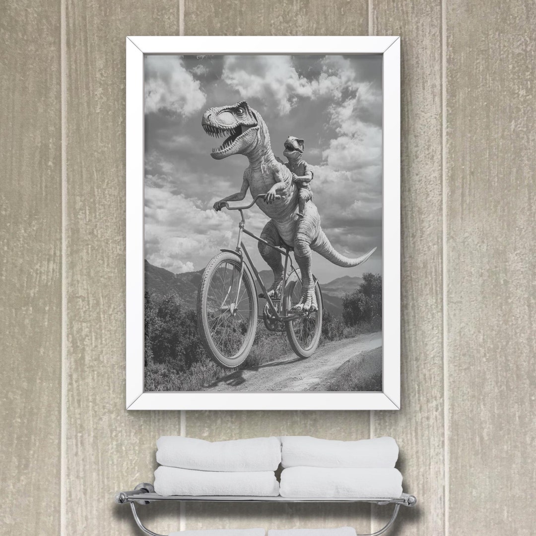 T-rex Dinosaurs Riding Bike Printable Wall Art, Biking Nursery Decor ...