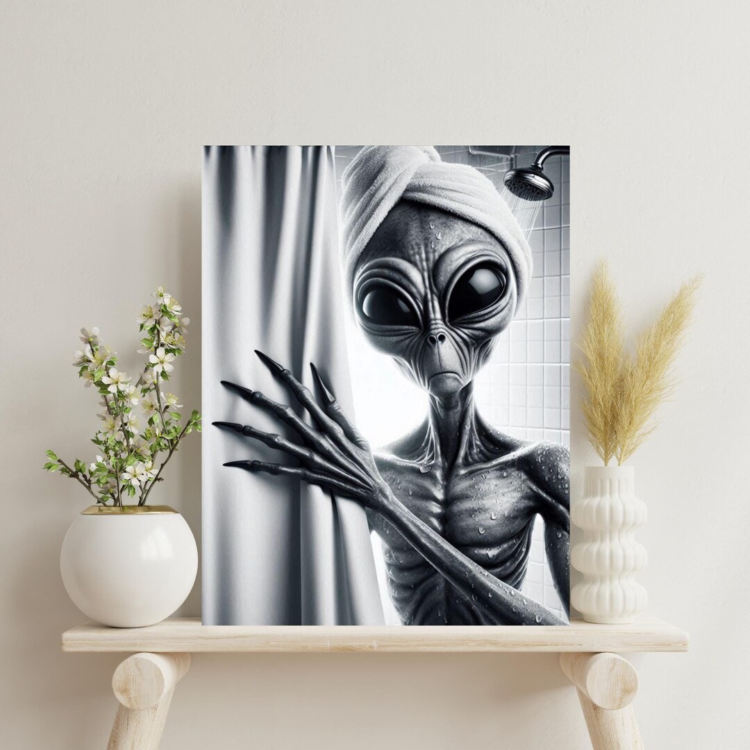 Alien UFO Bathroom Wall Art, Alien Peeking Out of Shower Print, Outer ...