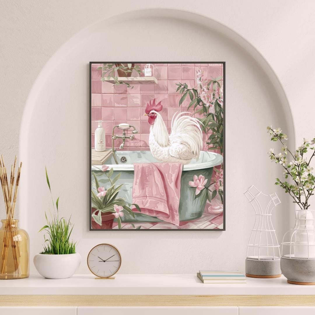 Gamecock in Bathtub Printable Wall Art, Rooster Hen Taking a Bath in ...