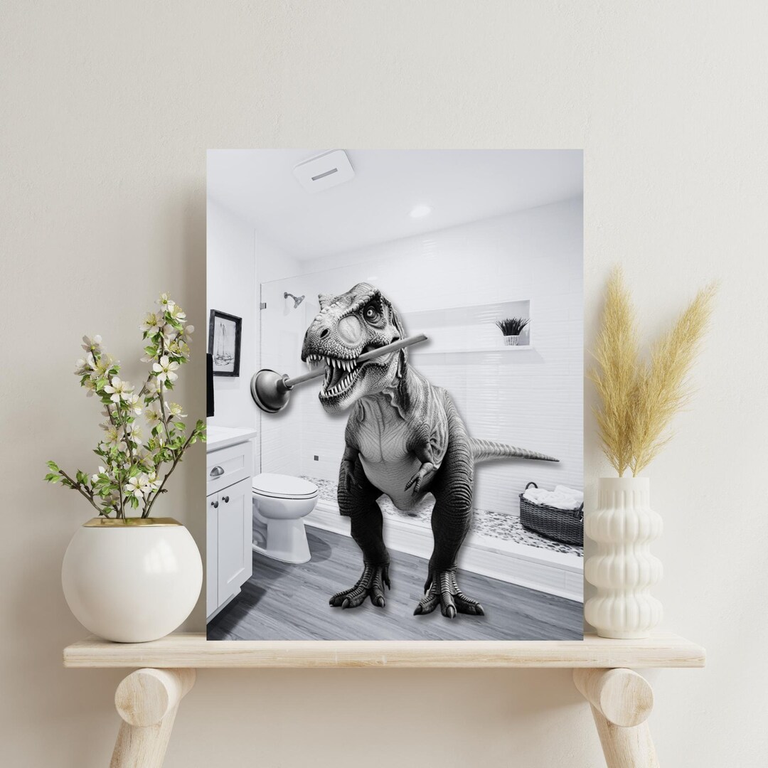 Dinosaur T-rex Bathroom Wall Art, Plumber Dino With Plunger Décor ...