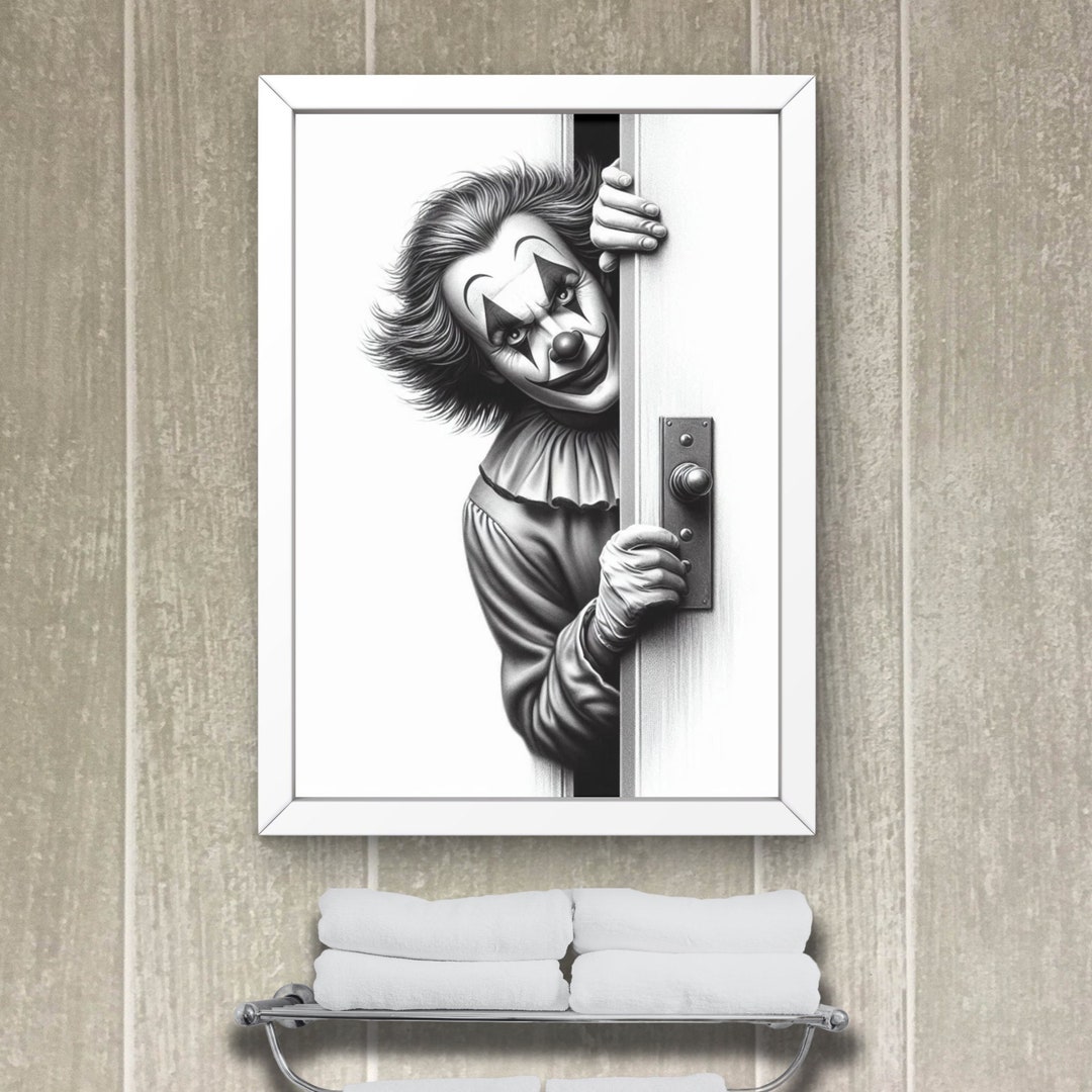 Creepy Clown Bathroom Wall Art, Scary Clown Peeking Around the Door ...
