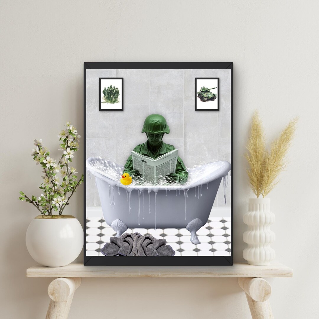 Green Army Men Bathroom Wall Art, Soldier Taking a Bubble Bath in Tub ...