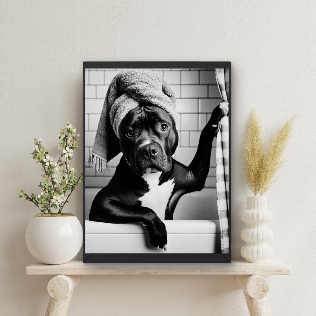 Pitbull Terrier Bathroom Wall Art, Dog Peeking Out of Shower Curtain ...