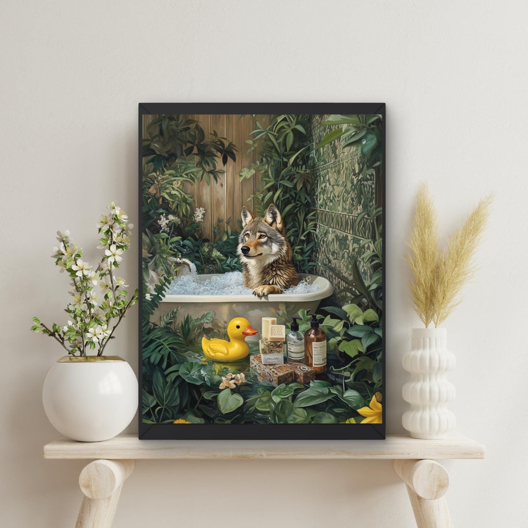 Wolf in Tub Printable Wall Art, Wolf Taking a Bubble Bath in Bathtub ...