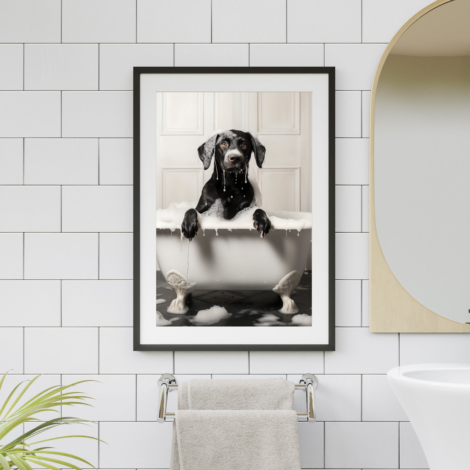 Black Lab Dog in Tub Printable Wall Art | Dog Taking a Bath in Tub ...
