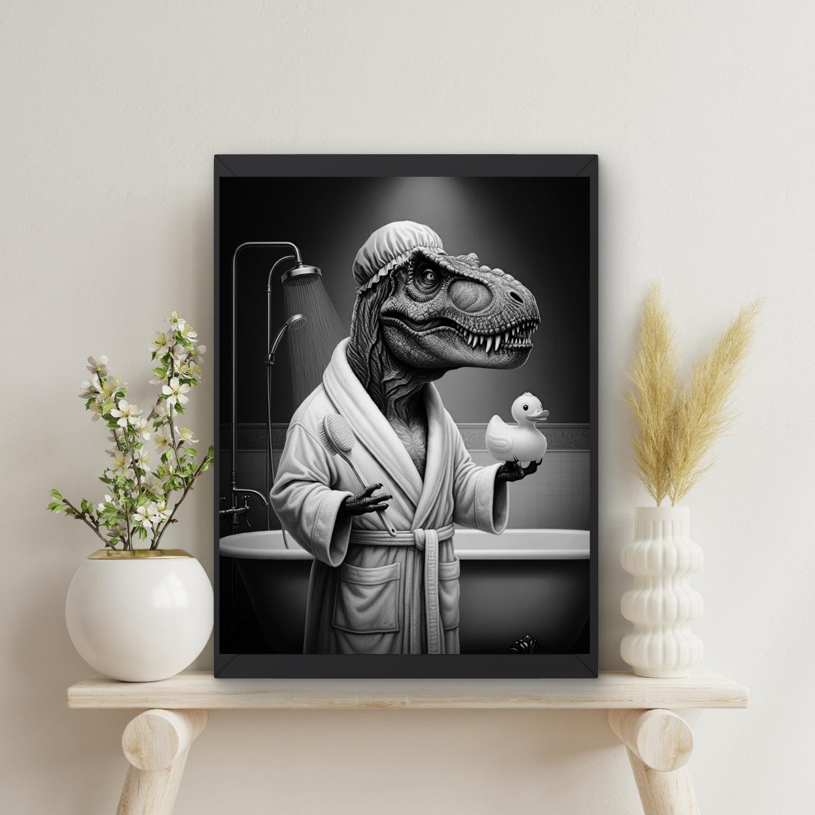 T-rex Dinosaur Bathroom Printable Wall Art, Dino With Rubber Duck ...