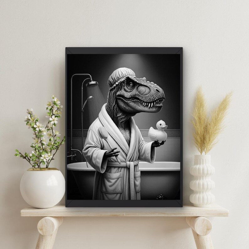 T-rex Dinosaur Bathroom Printable Wall Art, Dino With Rubber Duck ...