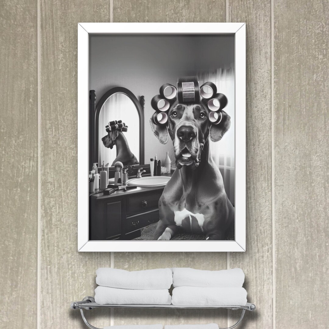 Great Dane Dog Bathroom Wall Art, Great Dane in Hair Rollers in Powder ...
