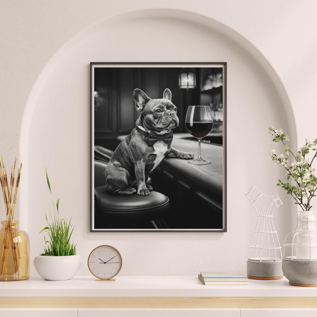 French Bulldog Alcohol Wall Art, Bulldog Sitting at Bar Poster, Wine ...