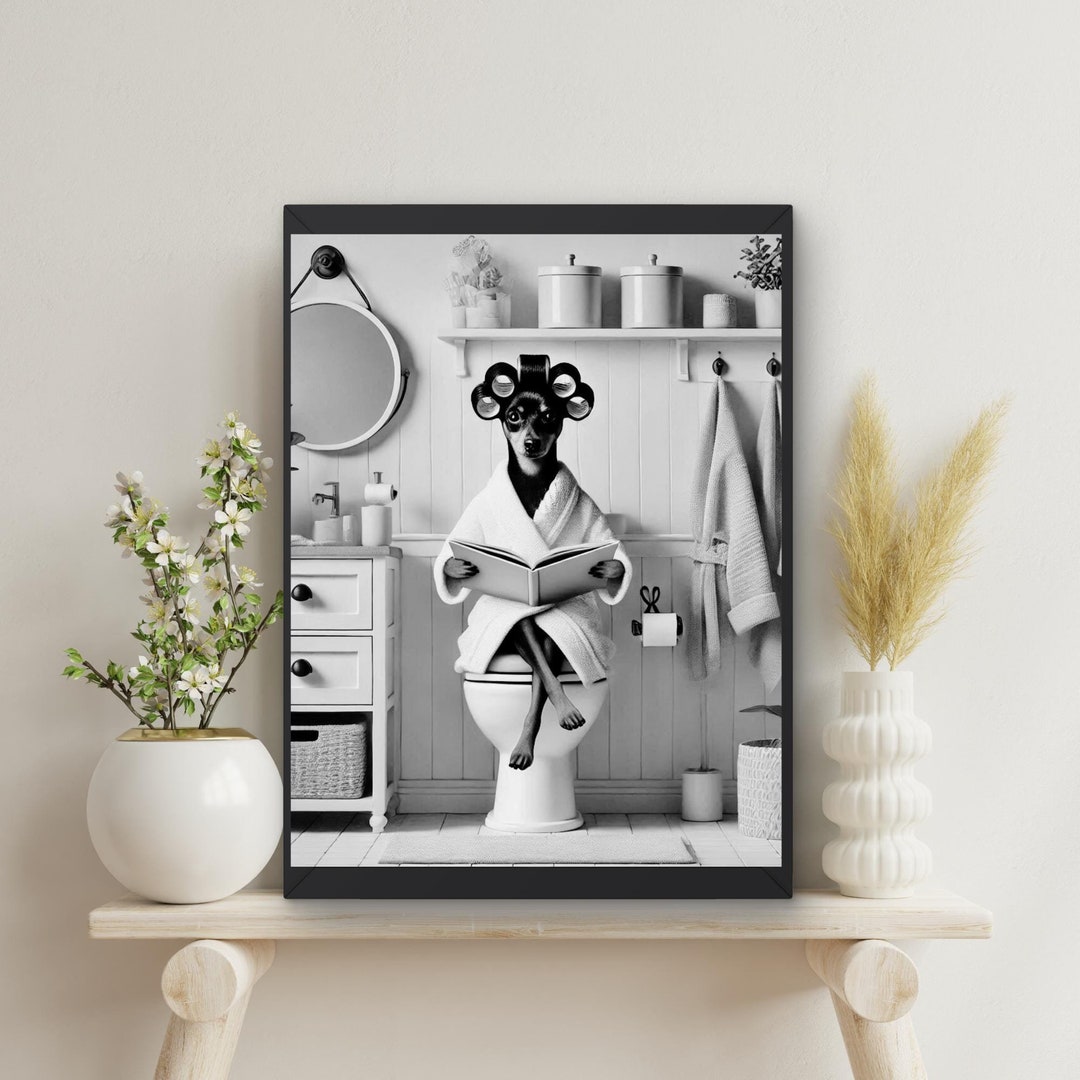 Miniature Pinscher Bathroom Print: Dog Reading on Toilet, Min Pin Guest ...