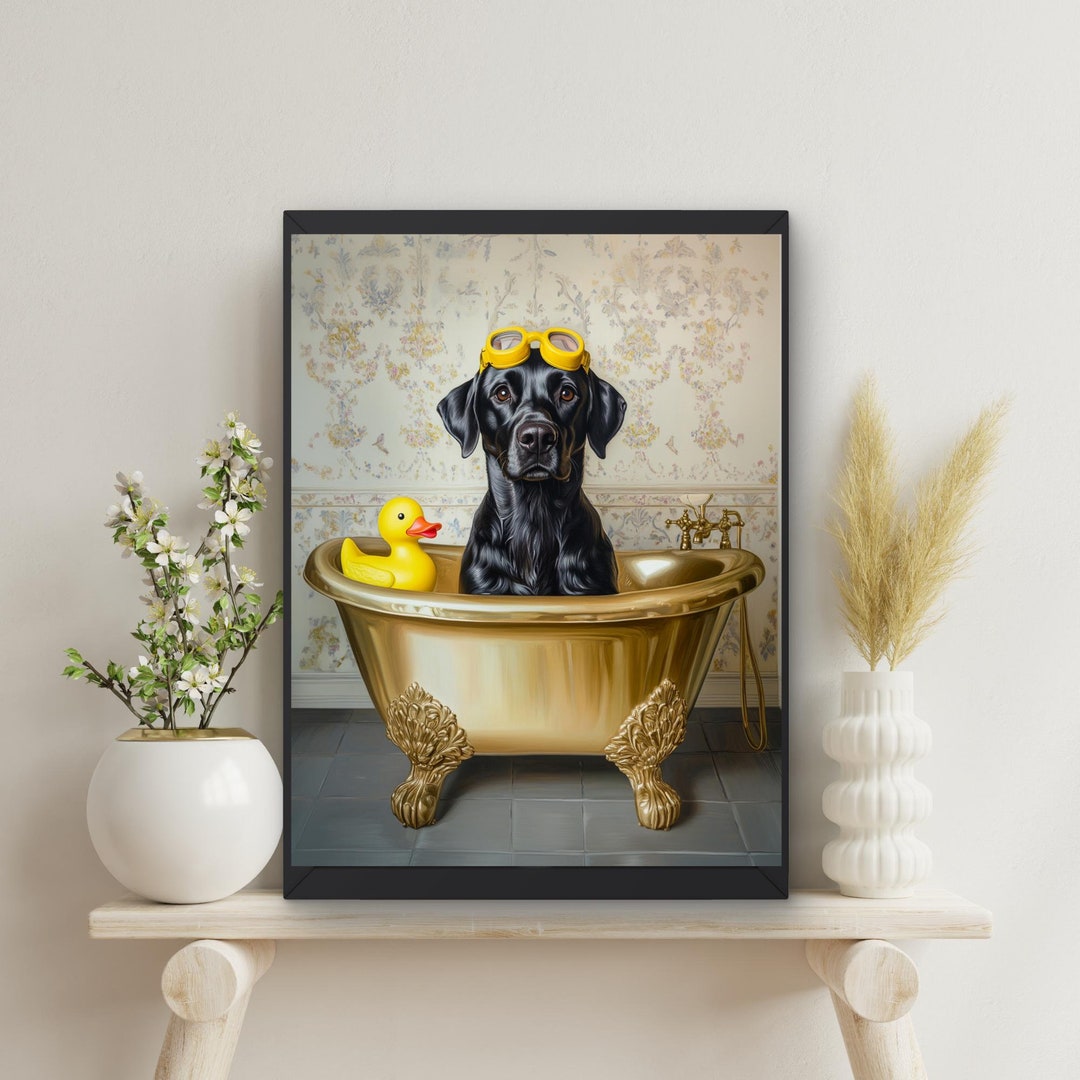 Black Labrador Dog in Bathtub Printable Wall Art, Lab Retriever Taking ...