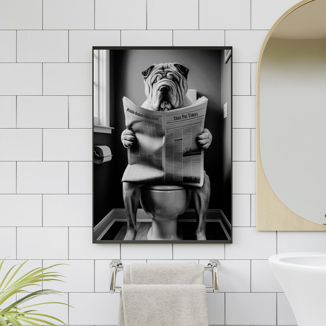 Shar Pei Dog on Toilet Printable Wall Art, Shar-pei Reading Newspaper ...