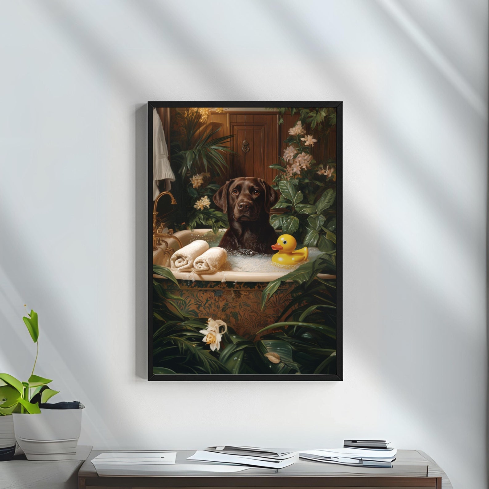 Chocolate Lab Dog in Tub Printable Wall Art, Dog Taking a Bath in Tub ...