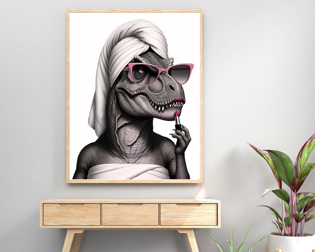 T-rex Dinosaur Wall Art, Bathroom Print: Dino Makeup, Powder Room Décor ...
