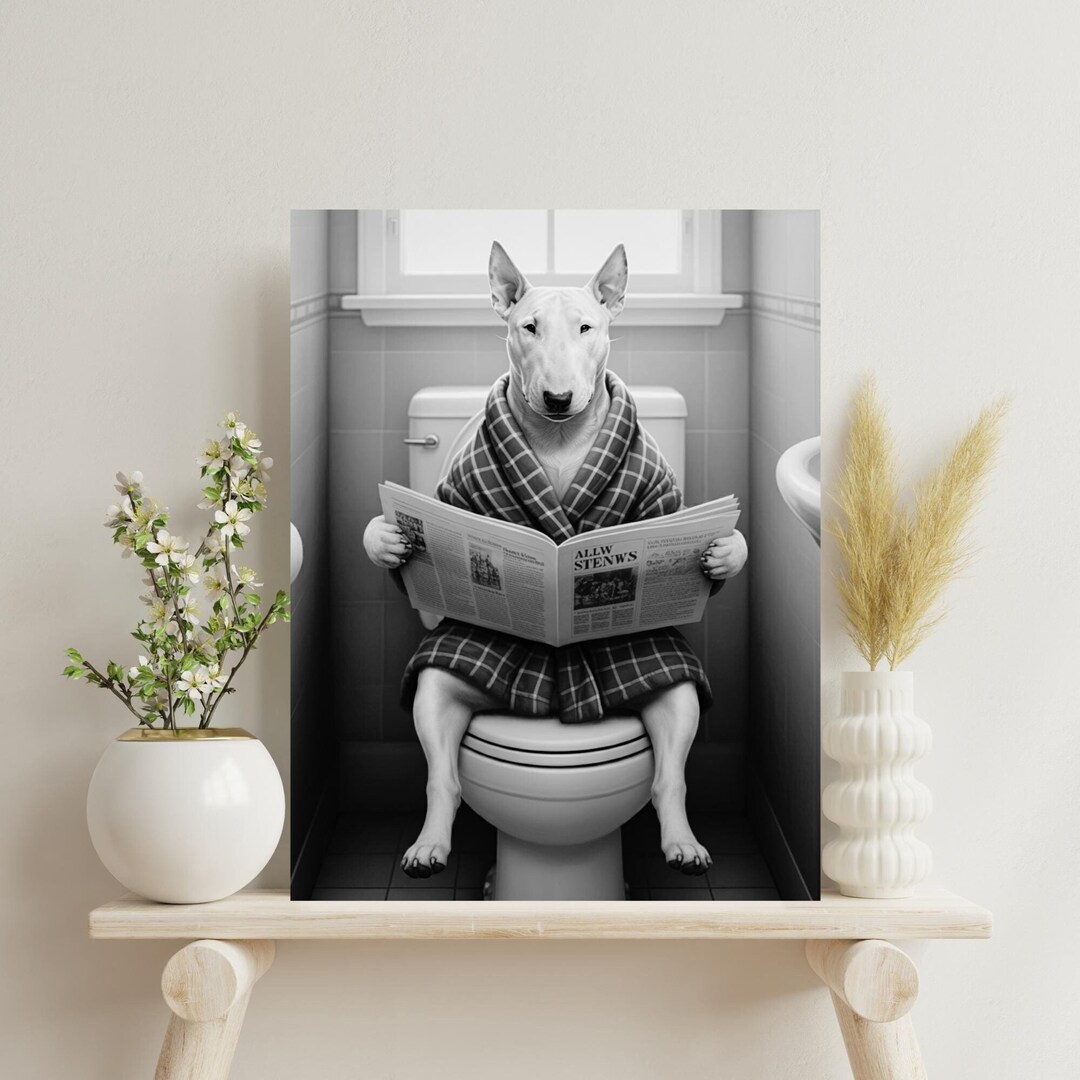 Bull Terrier Dog in Bathroom Wall Art, Bull Terrier on Toilet Reading ...