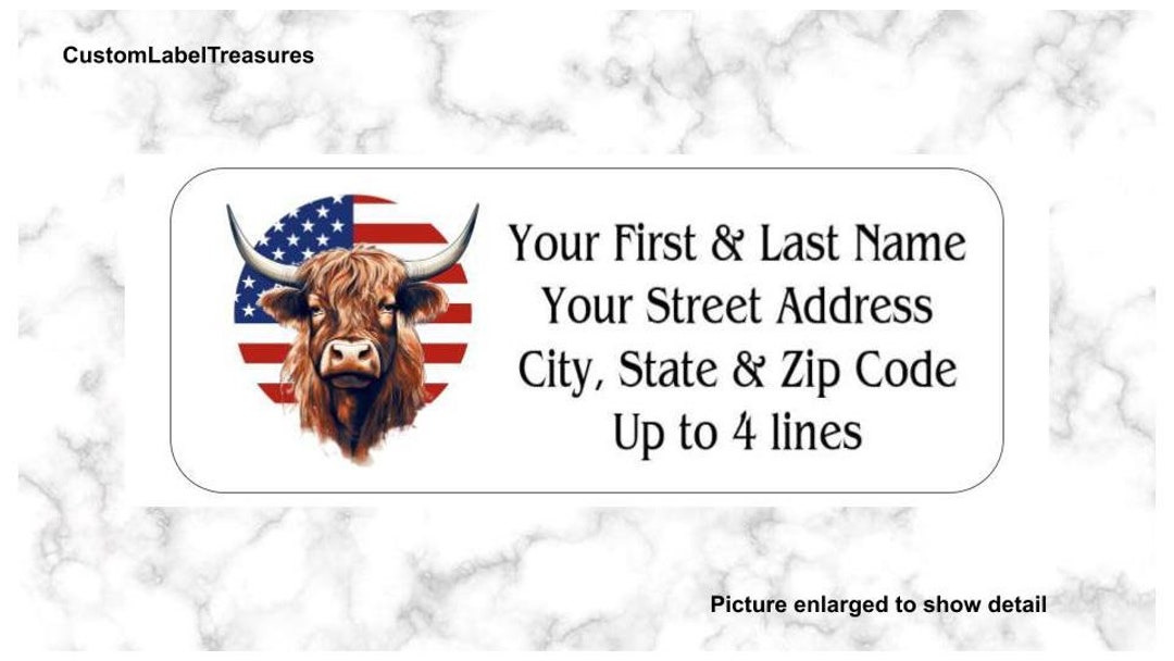 Highland Cow Return Address Labels, American Flag Patriotic Mailing ...