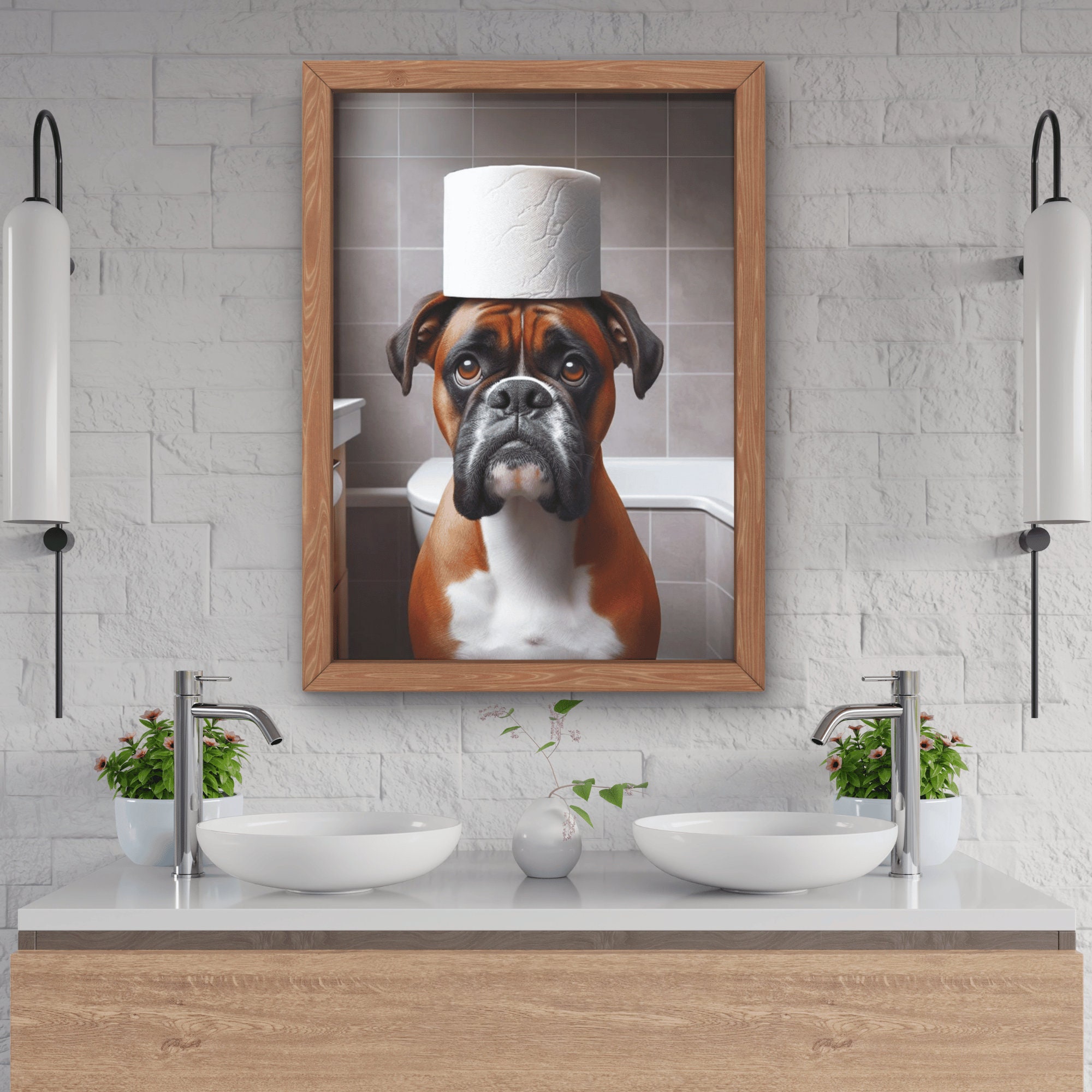 Boxer Dog Bathroom Wall Art, Dog With Toilet Paper on Head Wall Decor ...