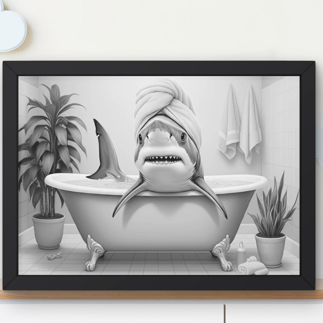 Great White Shark in Tub Printable Wall Art | Shark Taking a Bubble ...