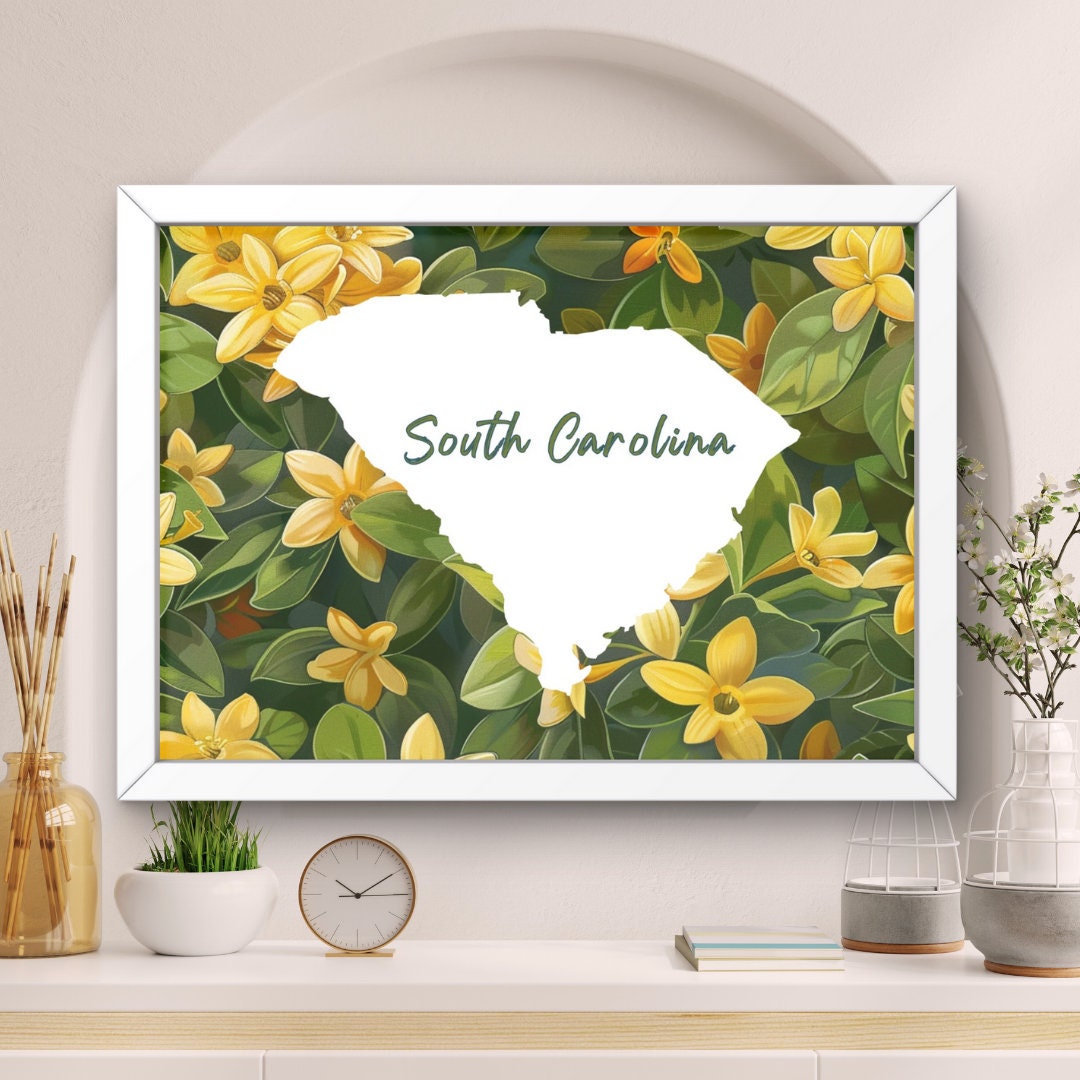 South Carolina Map Wall Art Print - Yellow Jessamine Silhouette Decor ...