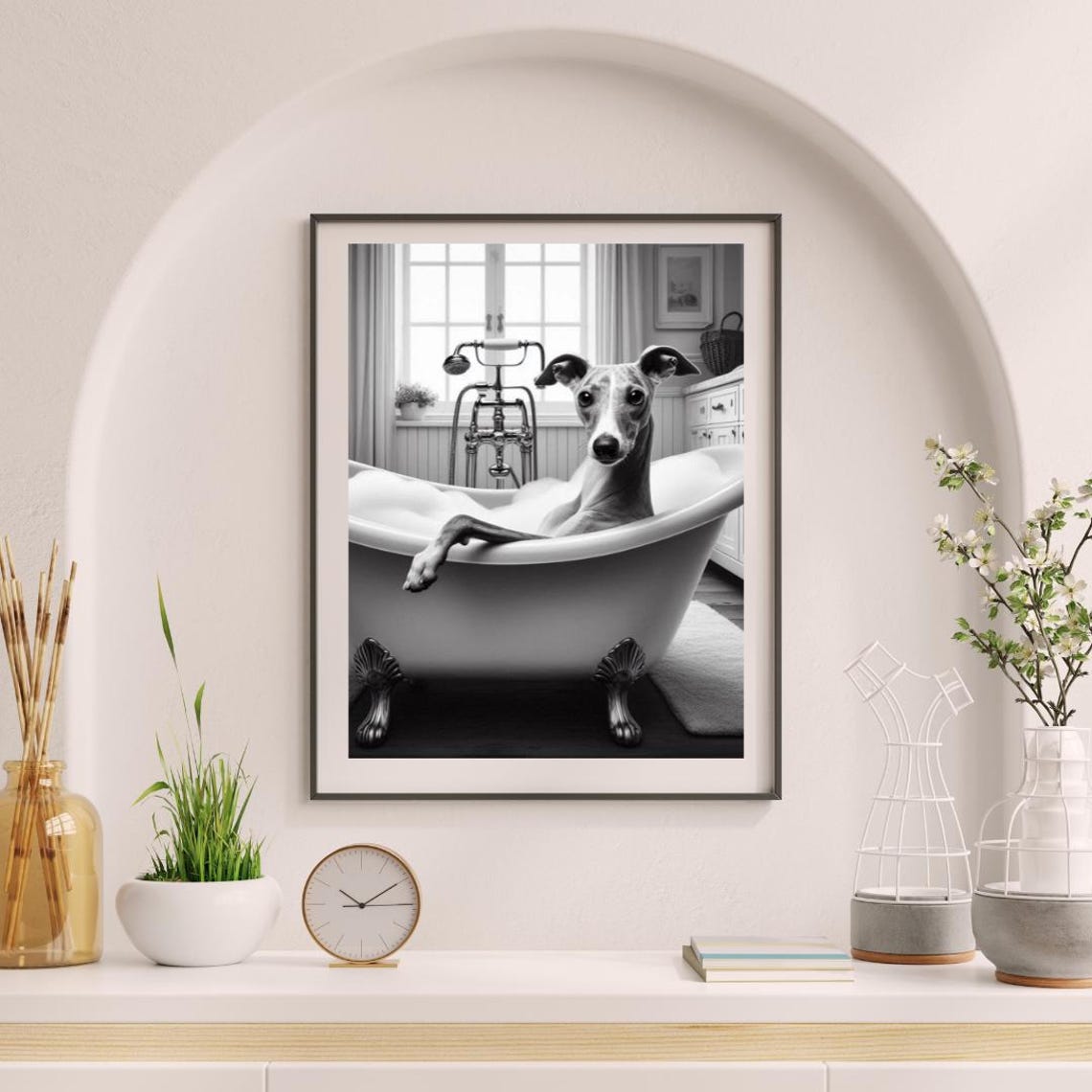 Whippet Dog in Tub Printable Wall Art | Dog Taking a Bubble Bath in ...