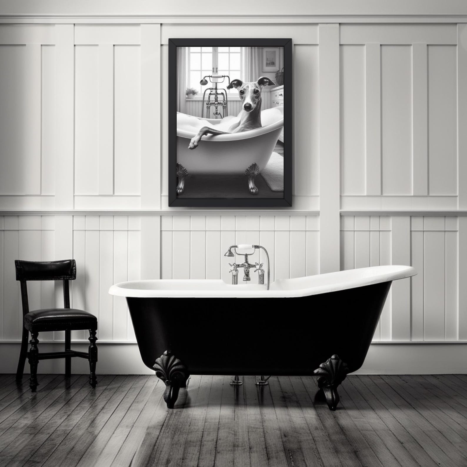 Whippet Dog in Tub Printable Wall Art | Dog Taking a Bubble Bath in ...