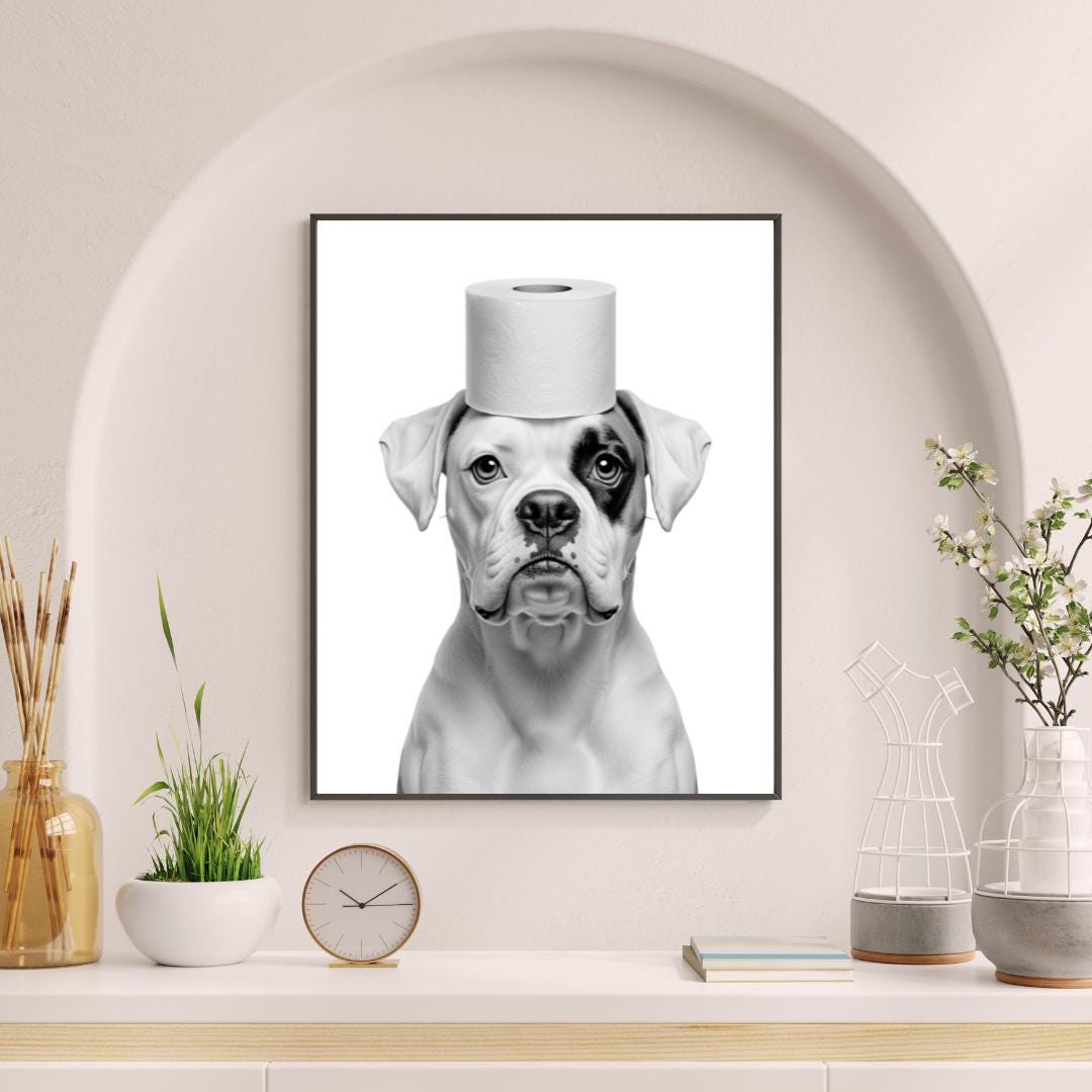 White Boxer Dog Bathroom Wall Art, Toilet Paper on Head Decor, Guest ...