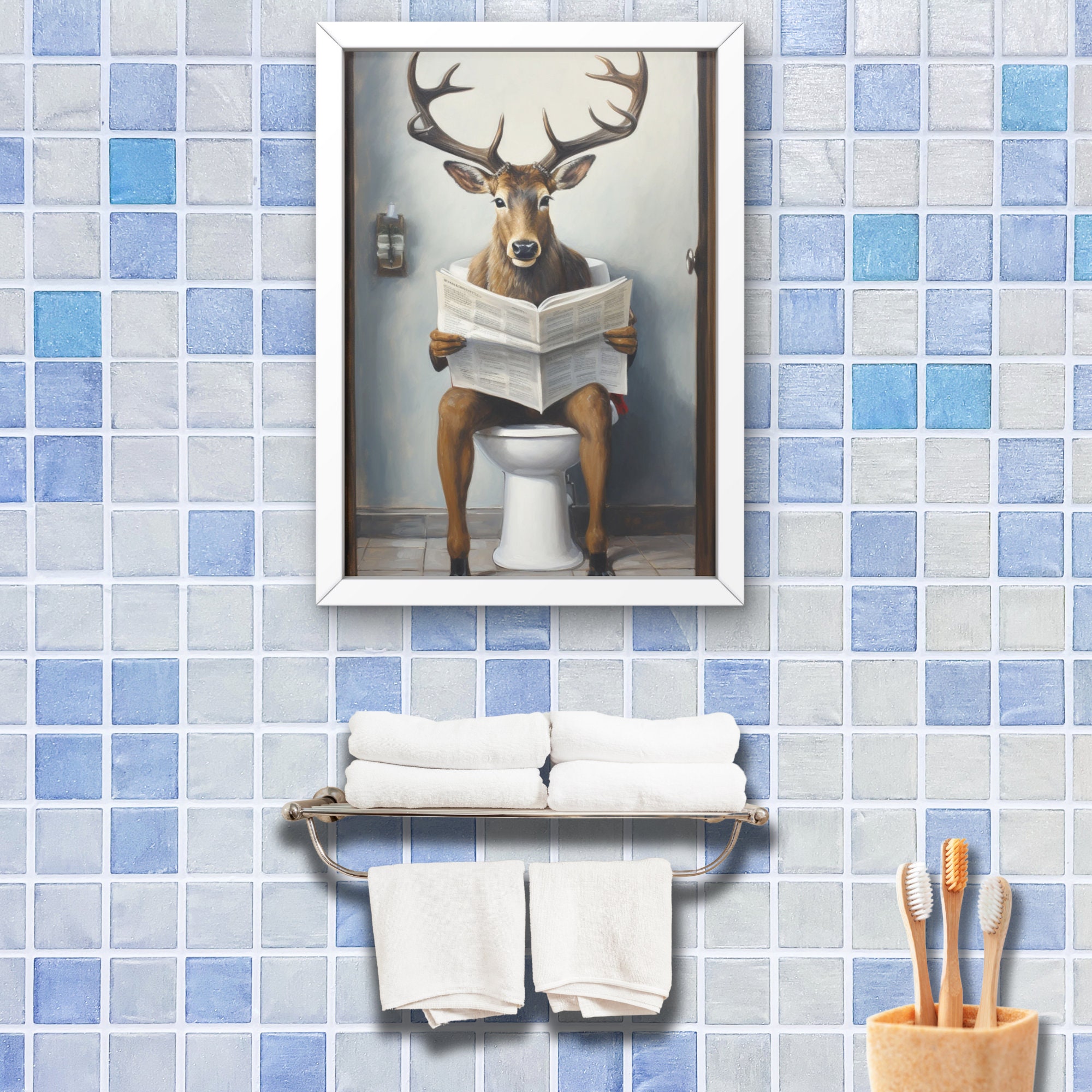 Buck Deer in Toilet Printable Wall Art Buck Deer Reading Paper Buck ...