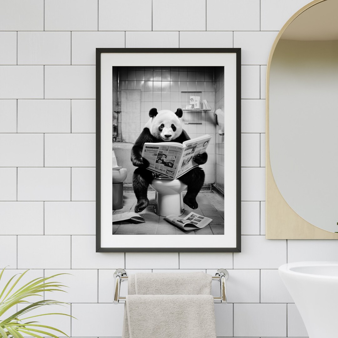 Panda Bear on Toilet Printable Wall Art Panda Reading Paper Panda in ...