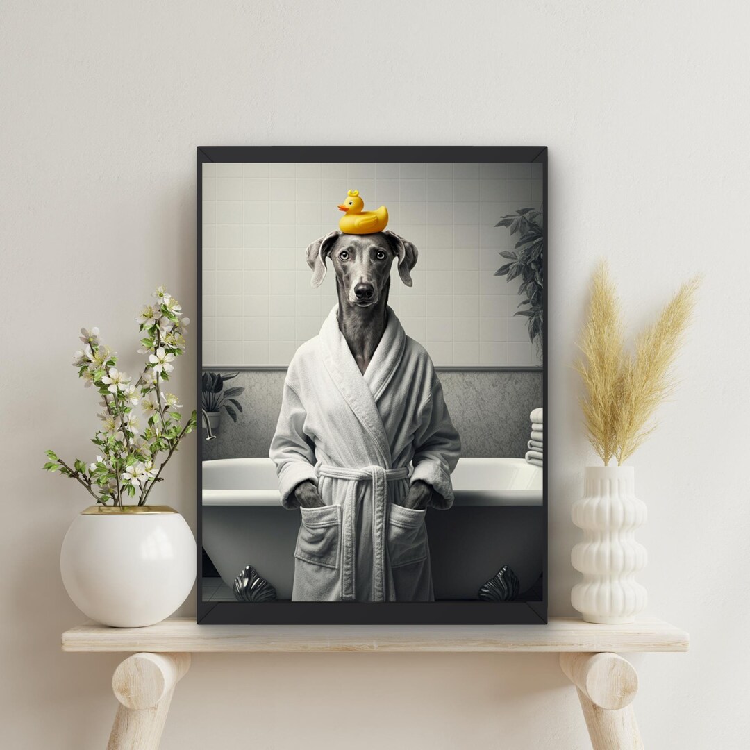 Greyhound in Bathrobe Art Print: Quirky Bathroom Decor (digital ...