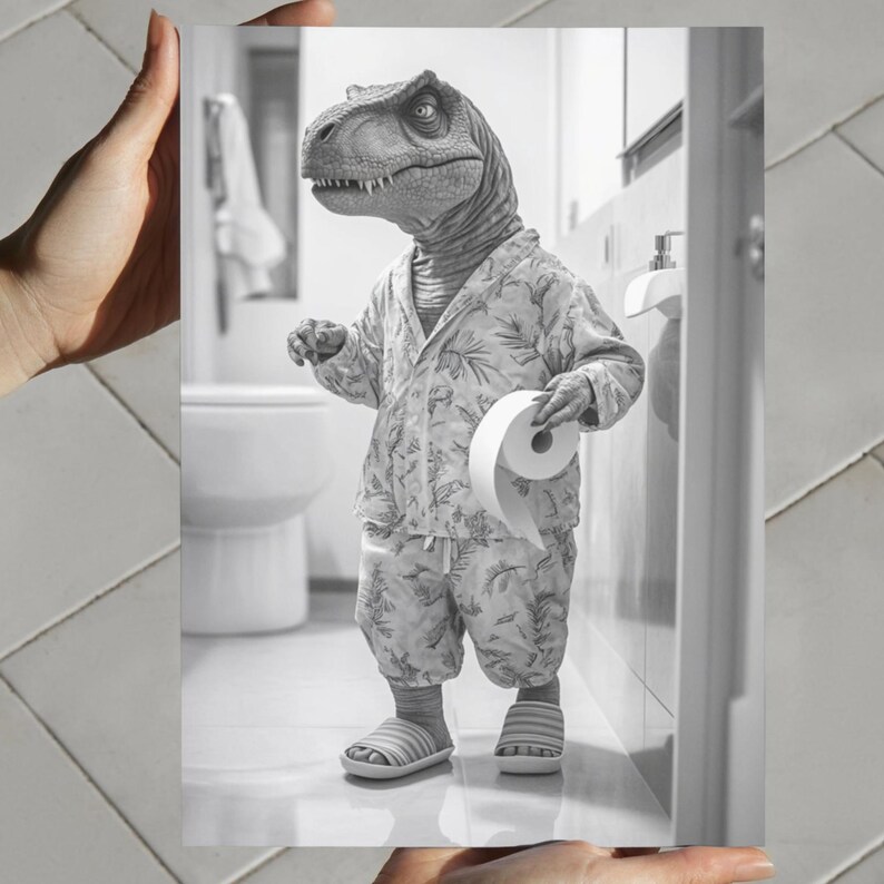 Dinosaur T-rex Bathroom Printable Wall Art, Funny Animal Print, Guest ...
