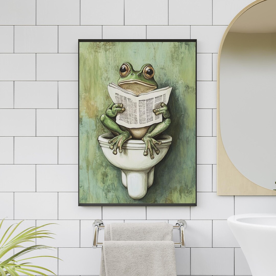 Frog on Toilet Printable Wall Art | Frog Reading Newspaper | Frog in ...