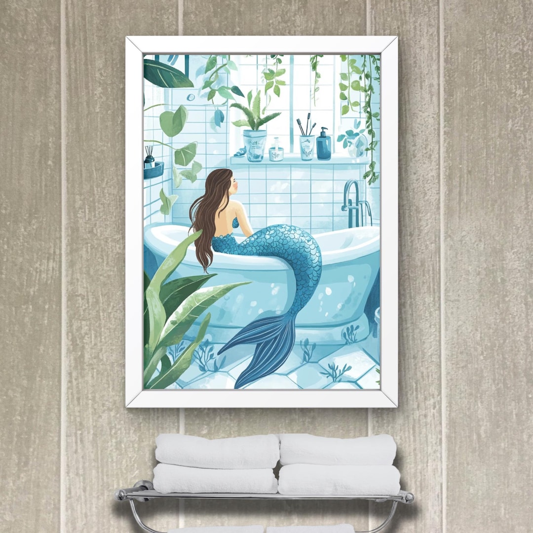 Mermaid in Bathtub Printable Wall Art | Mermaid Taking a Bath in Tub ...
