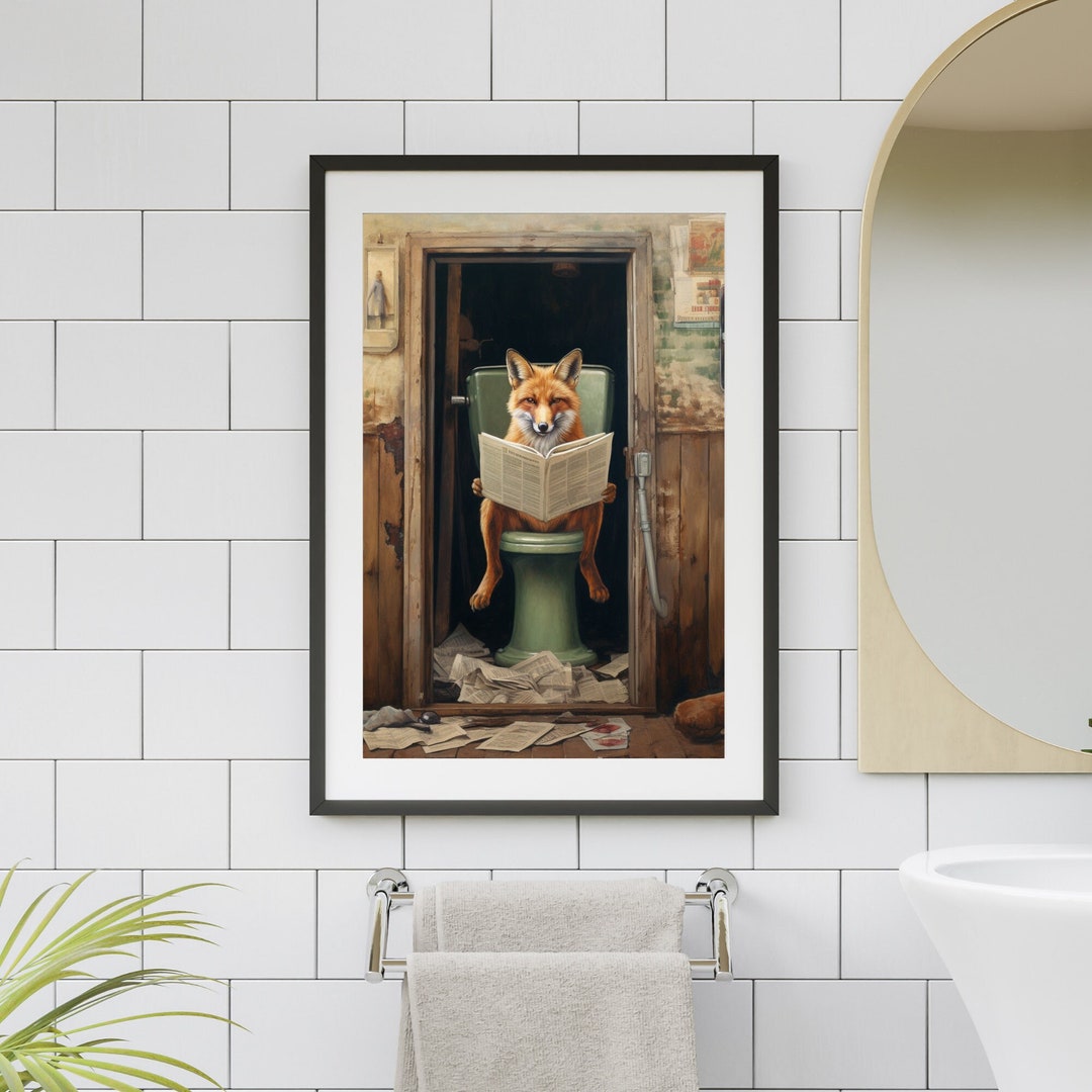 Red Fox Reading Paper Using Toilet | Bathroom Decor Art Print | Rustic ...