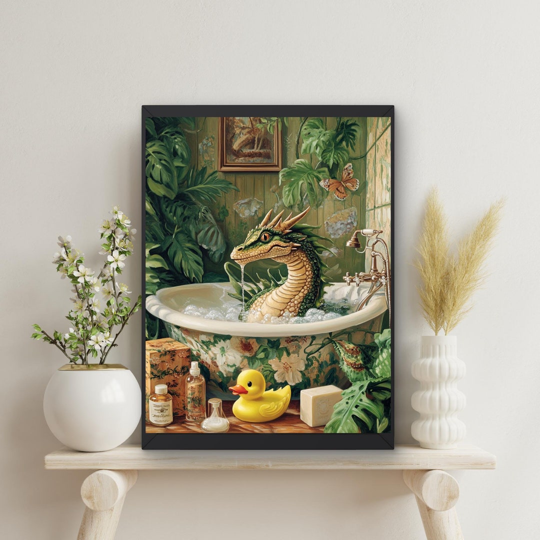 Fantasy Dragon in Bathtub Printable Wall Art, Dragon Taking a Bubble ...