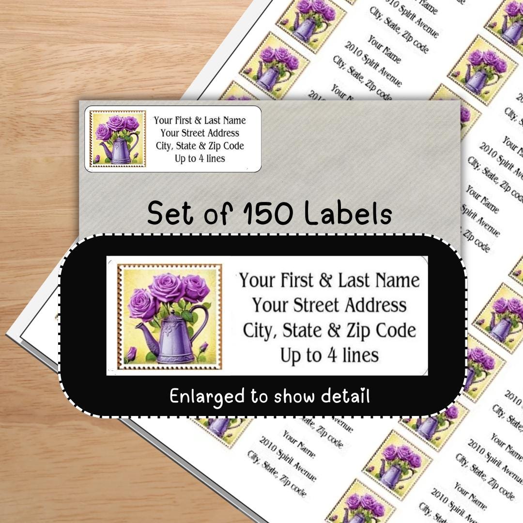 Purple Roses Return Address Labels: Floral Watering Can, Personalized ...