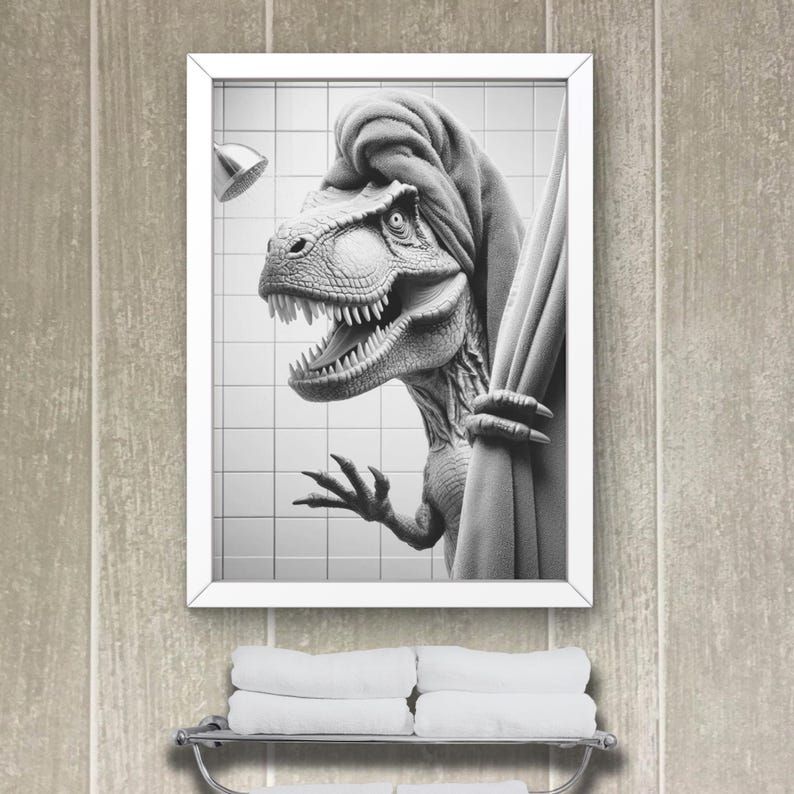 Dinosaur T-rex Bathroom Wall Art, Dino Peeking Out of Shower Curtain ...