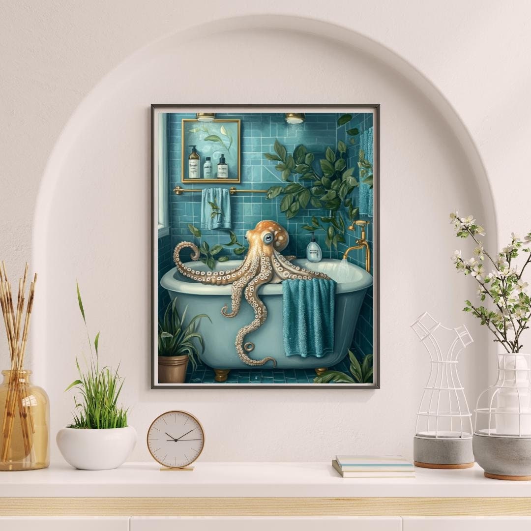 Octopus in Bathtub Printable Wall Art, Octopus Taking a Bath in Tub ...
