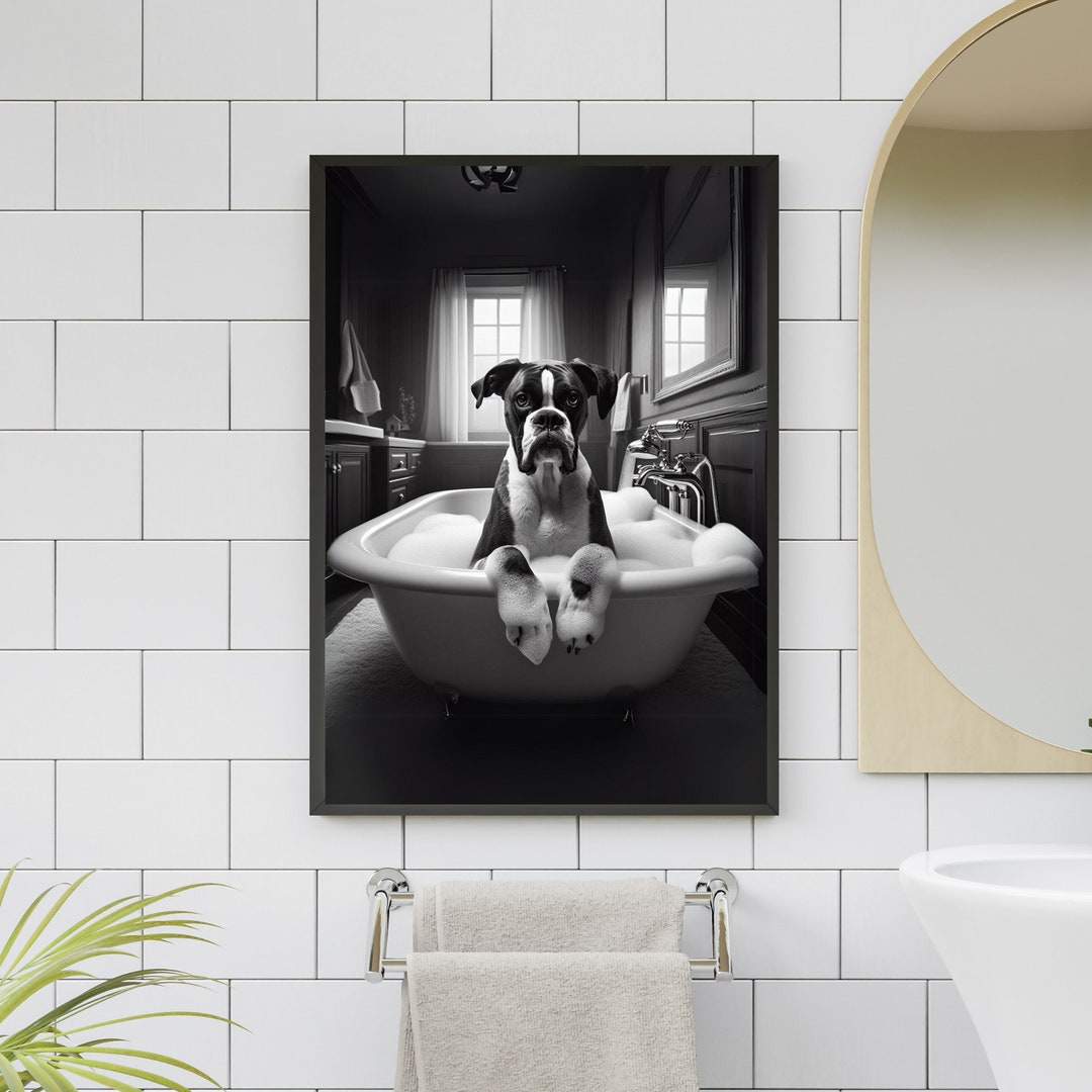 Boxer Dog in Tub Printable Wall Art, Bathroom Print, Black and White ...