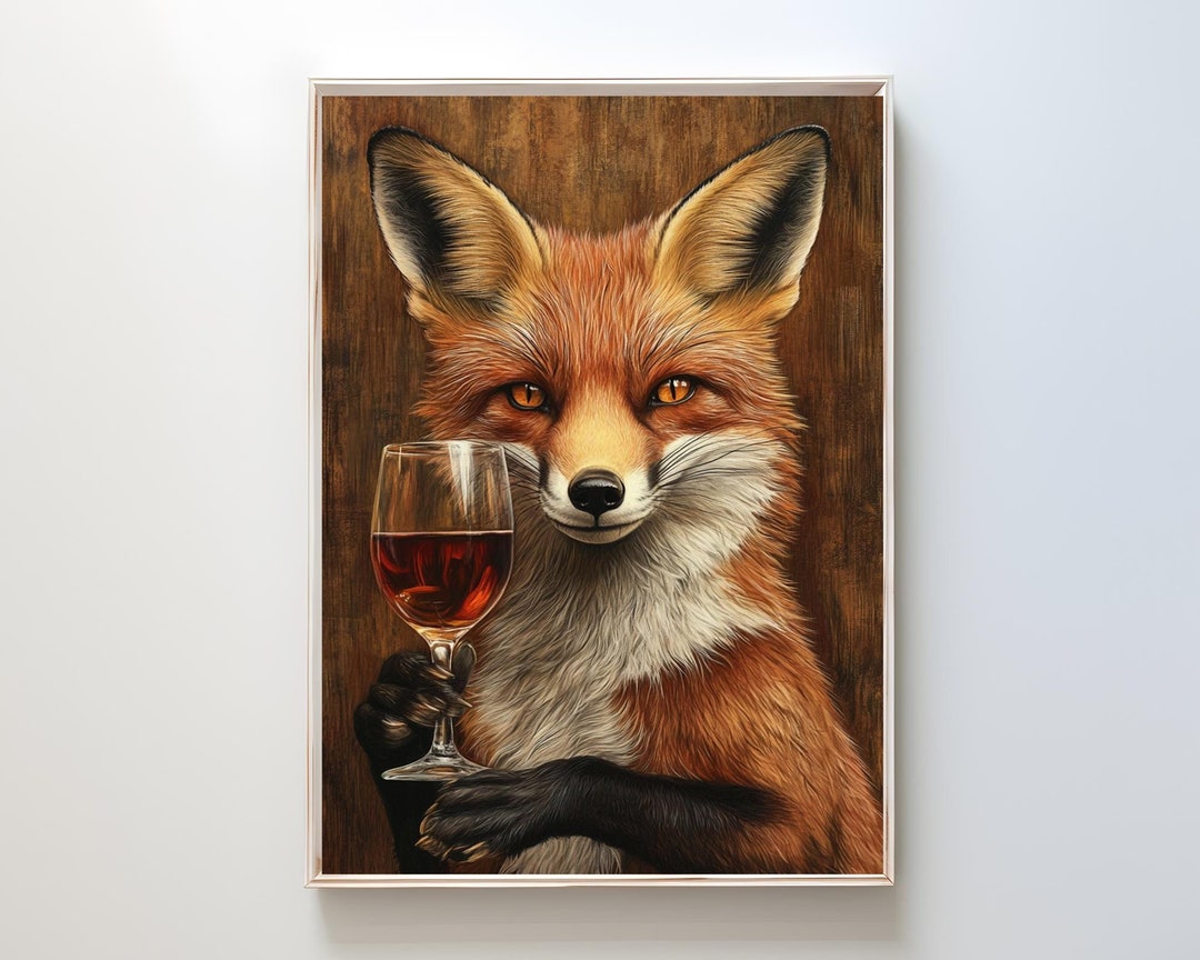 Red Fox Wall Art, Fox Lovers Gift Drinking Wine, Alcohol Bar Cart Decor ...