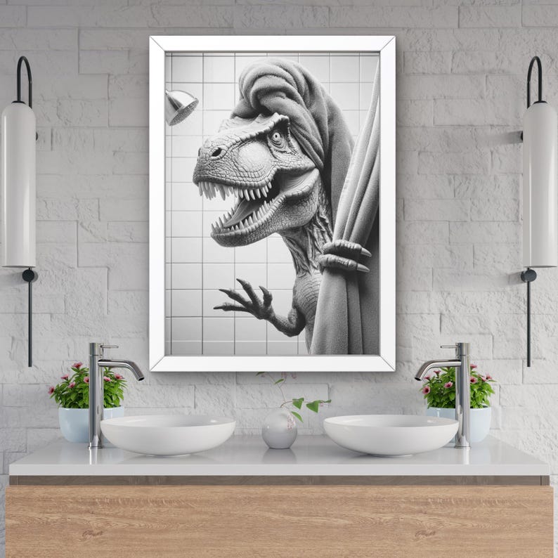 Dinosaur T-rex Bathroom Wall Art, Dino Peeking Out of Shower Curtain ...