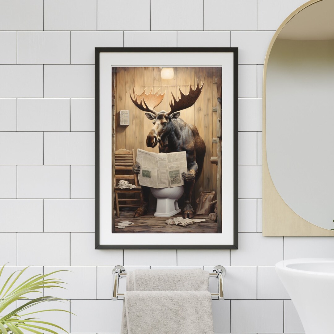Moose on Toilet Reading | Cute Bathroom Art | Rustic Wall Decor ...