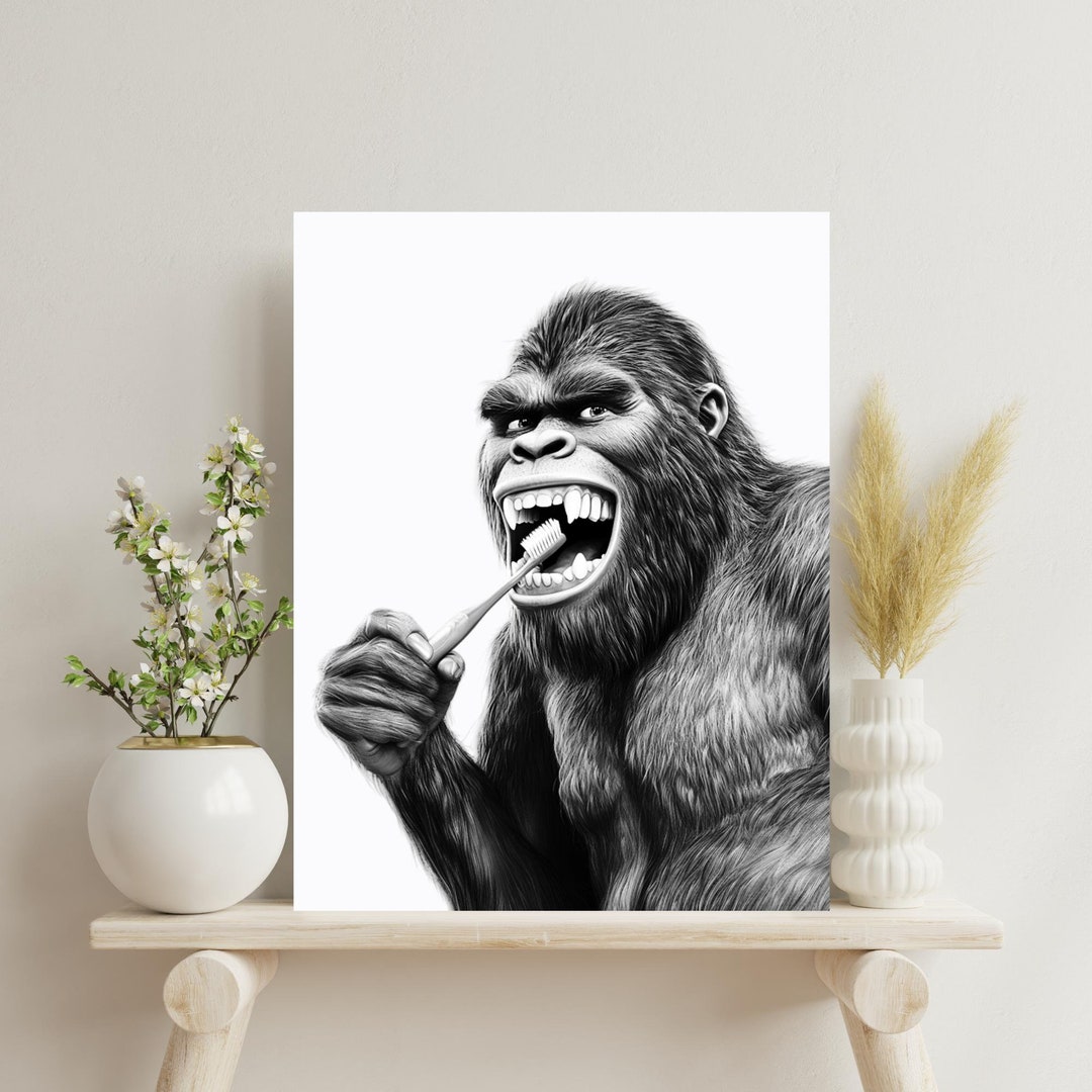 Big Foot Bathroom Wall Art | Brushing Teeth | Sasquatch Art Print Kids ...