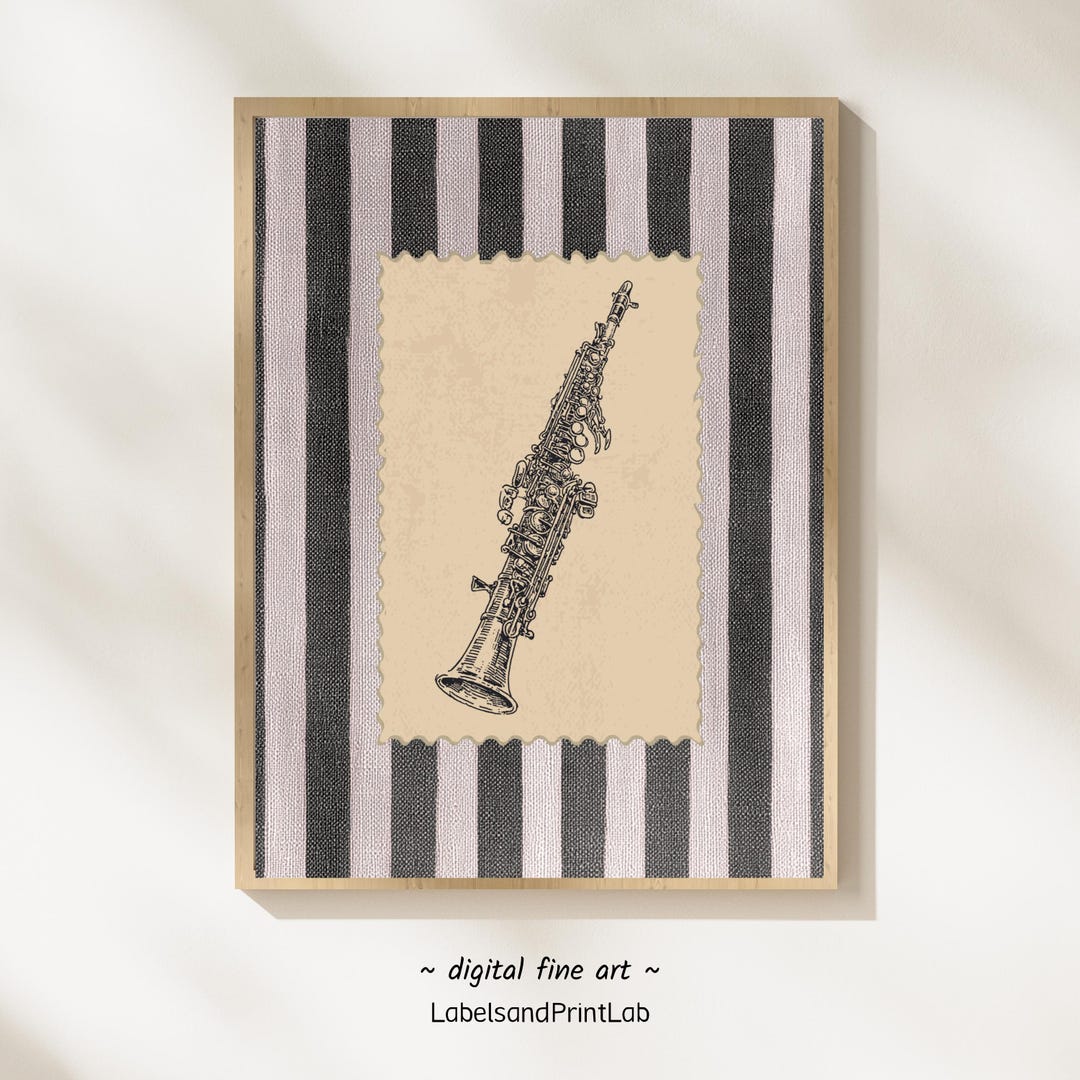 Vintage Stamp, Clarinet Wall Art : Music Lovers Gift, Striped Black and ...