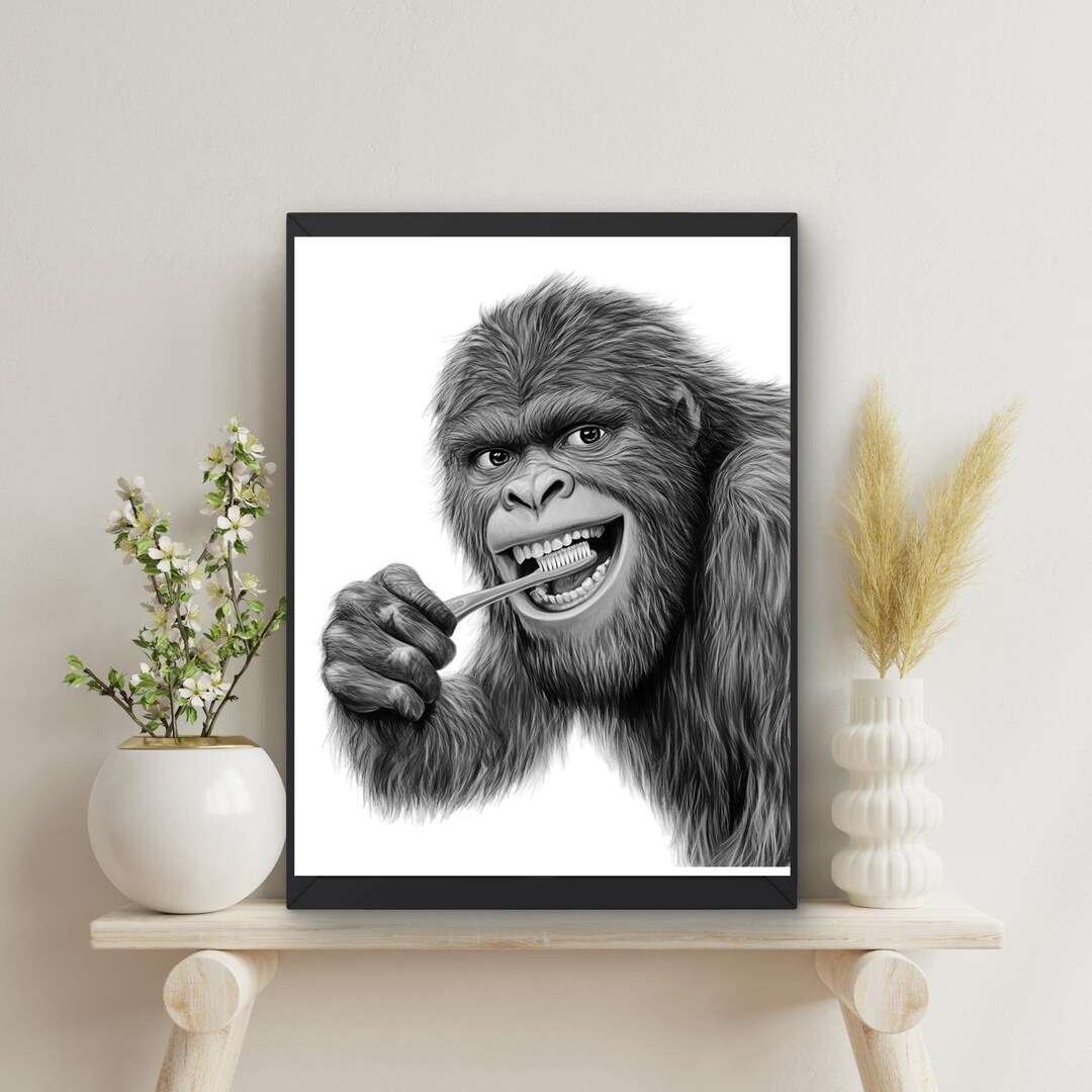 Big Foot Bathroom Wall Art | Brushing Teeth | Sasquatch Art Print Kids ...