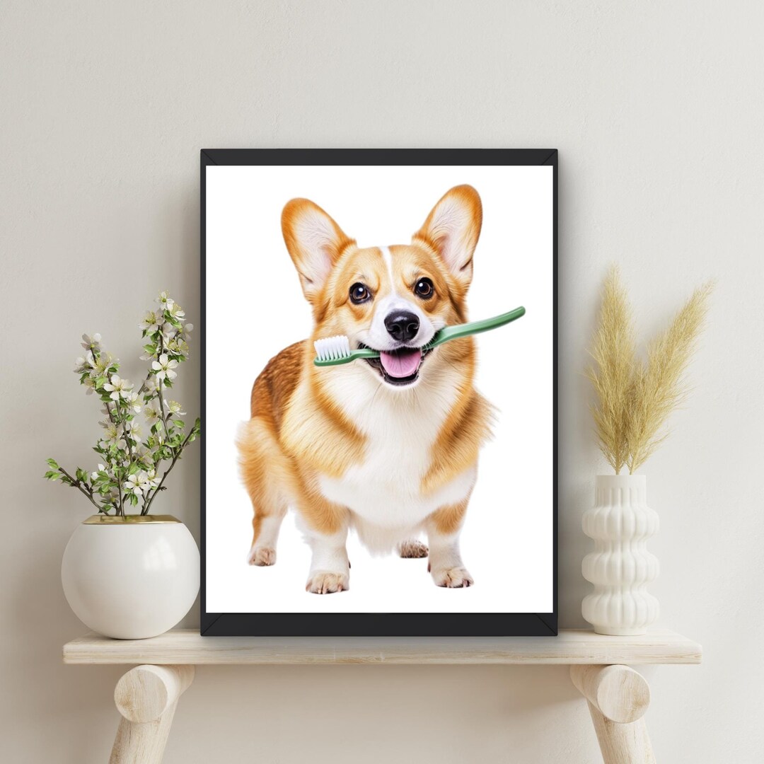 Welsh Corgi Brushing Teeth Art Print: Whimsical Bathroom Decor (digital ...