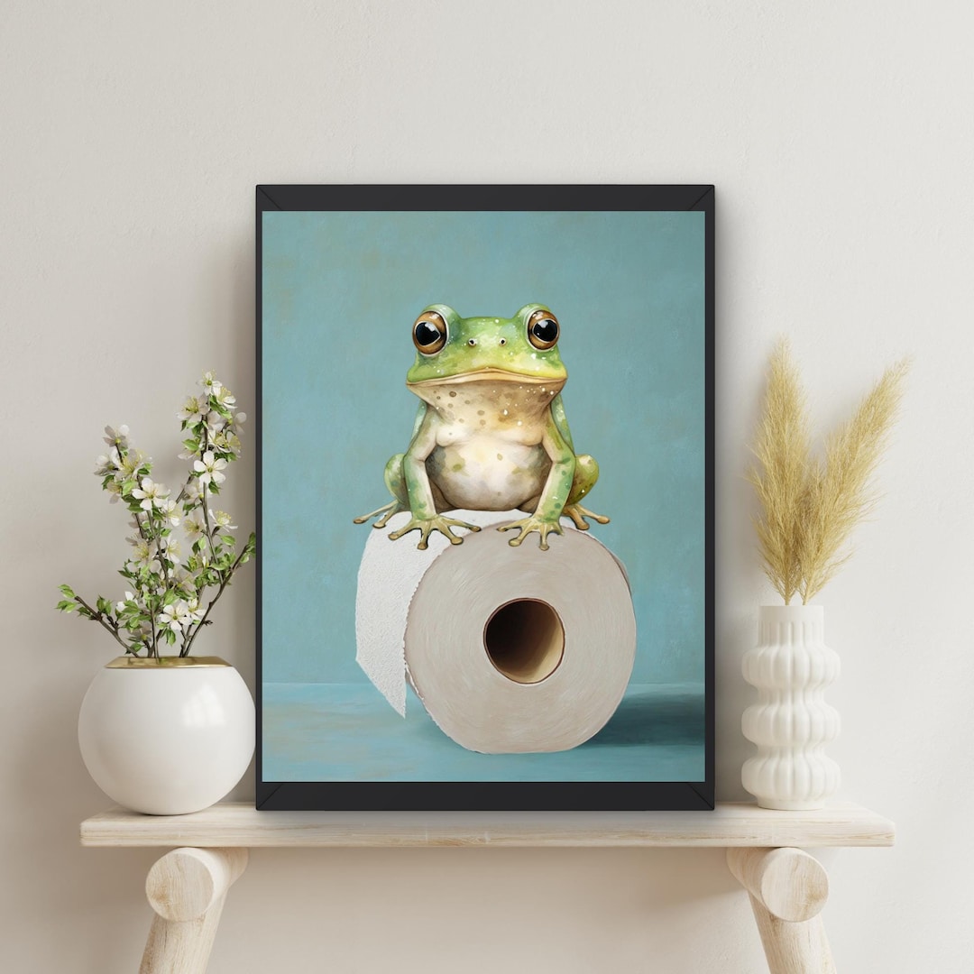 Green Frog Bathroom Wall Art, Frog Sitting on Toilet Paper Print, Guest ...